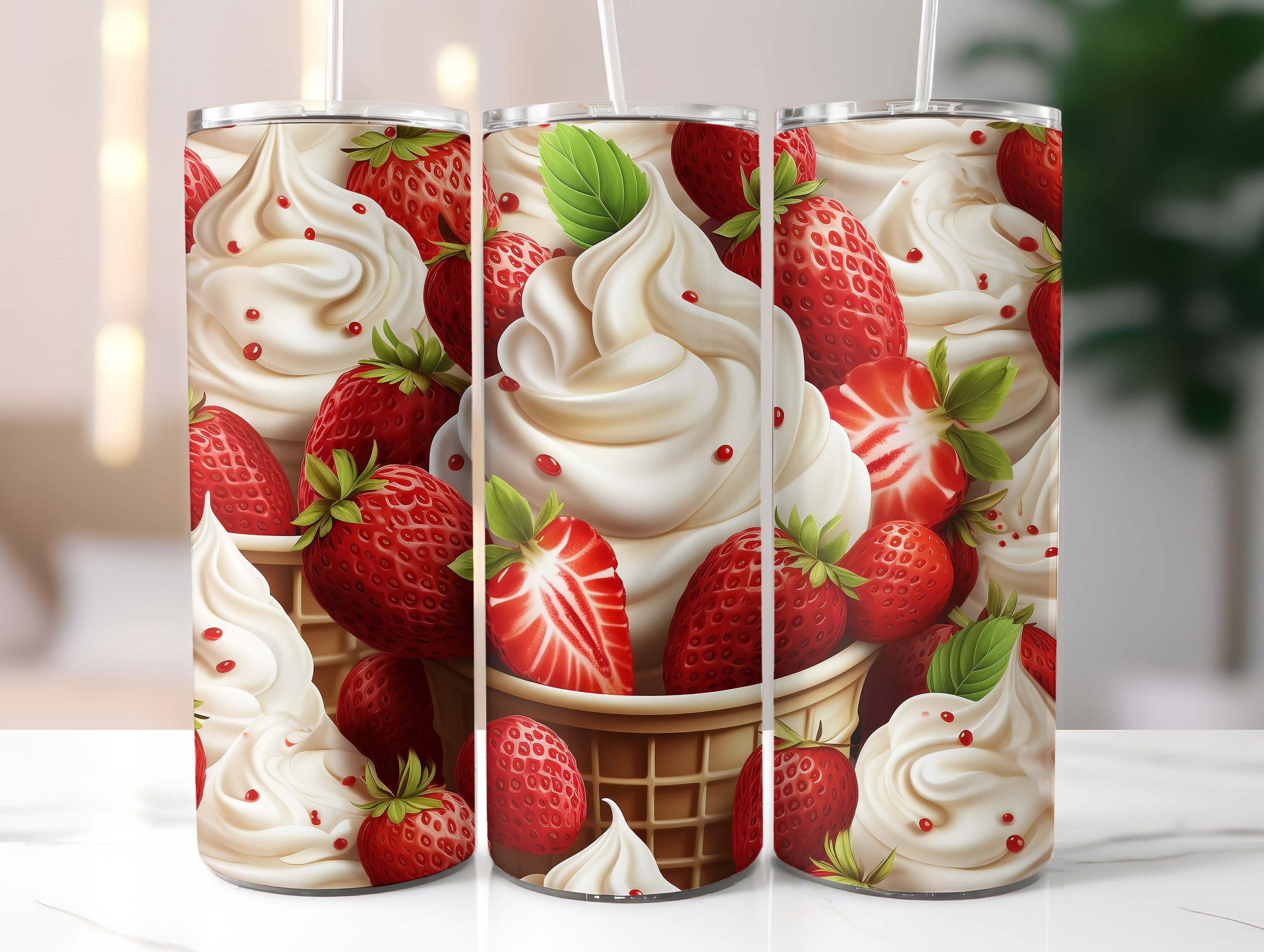 3D Strawberry Tumbler Wrap 20oz Skinny, Strawberries With Cream ...
