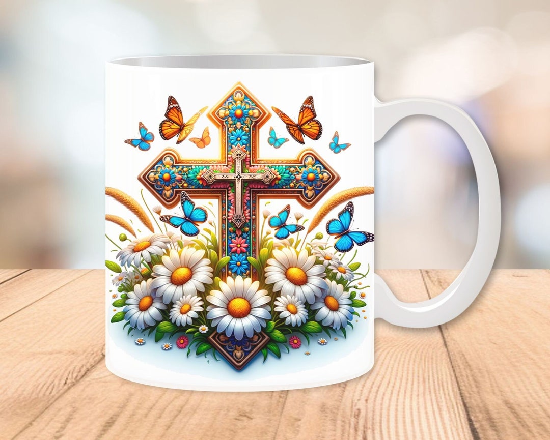 Cross Mug Wrap, Cross With Daisies Mug, Religious Cross Mug, Christian ...