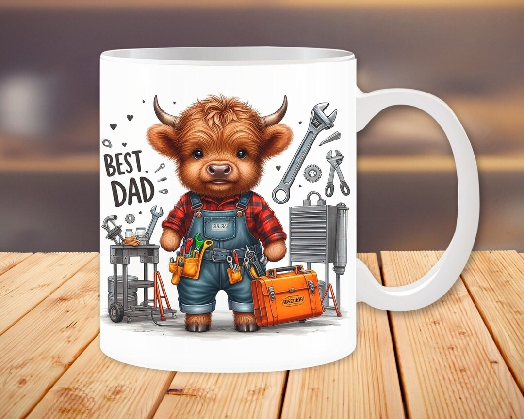 Highland Cow Mechanic Mug Wrap, Best Dad Mug, 11oz and 15oz, Father's ...