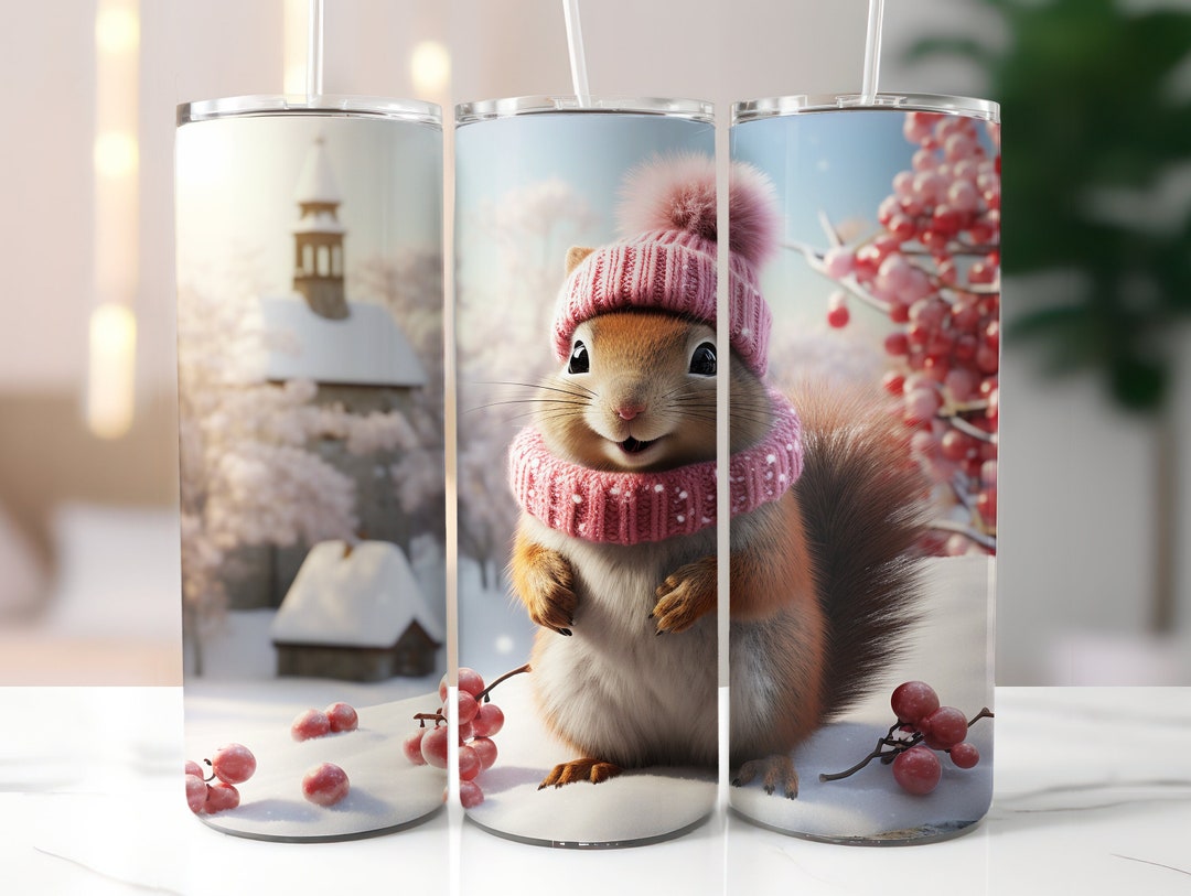 3D Winter Squirrel Tumbler Wrap, Skinny 20oz, Cute Squirrel With Pink ...