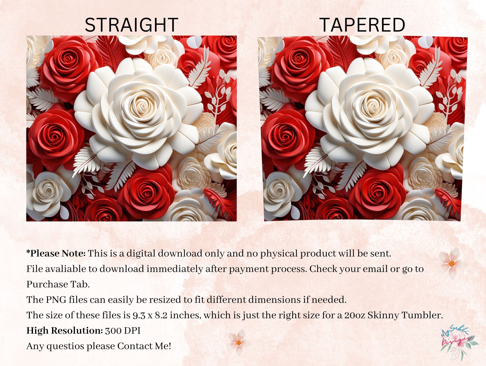 3D White Red Roses Tumbler Wrap 20 Oz, Valentine Roses Tumbler, Roses ...