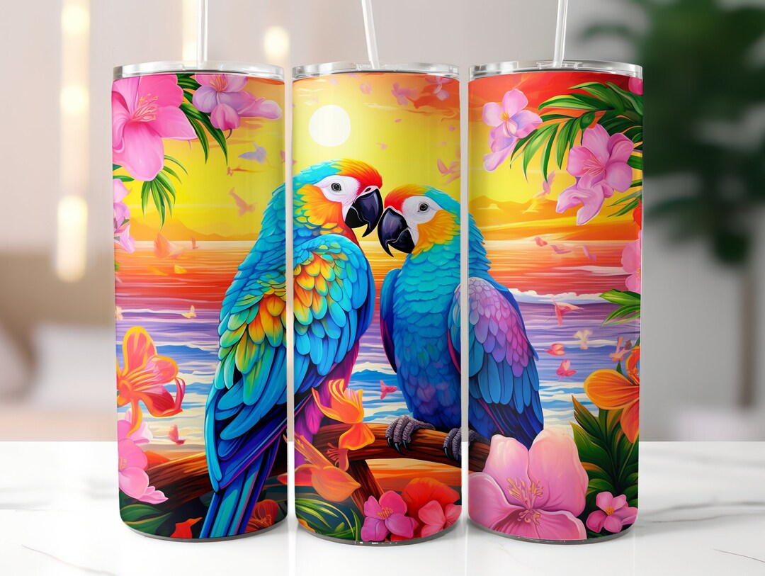 Parrots Tumbler Wrap, Tropical Wildflowers, Sunrise Landscape, Colorful ...