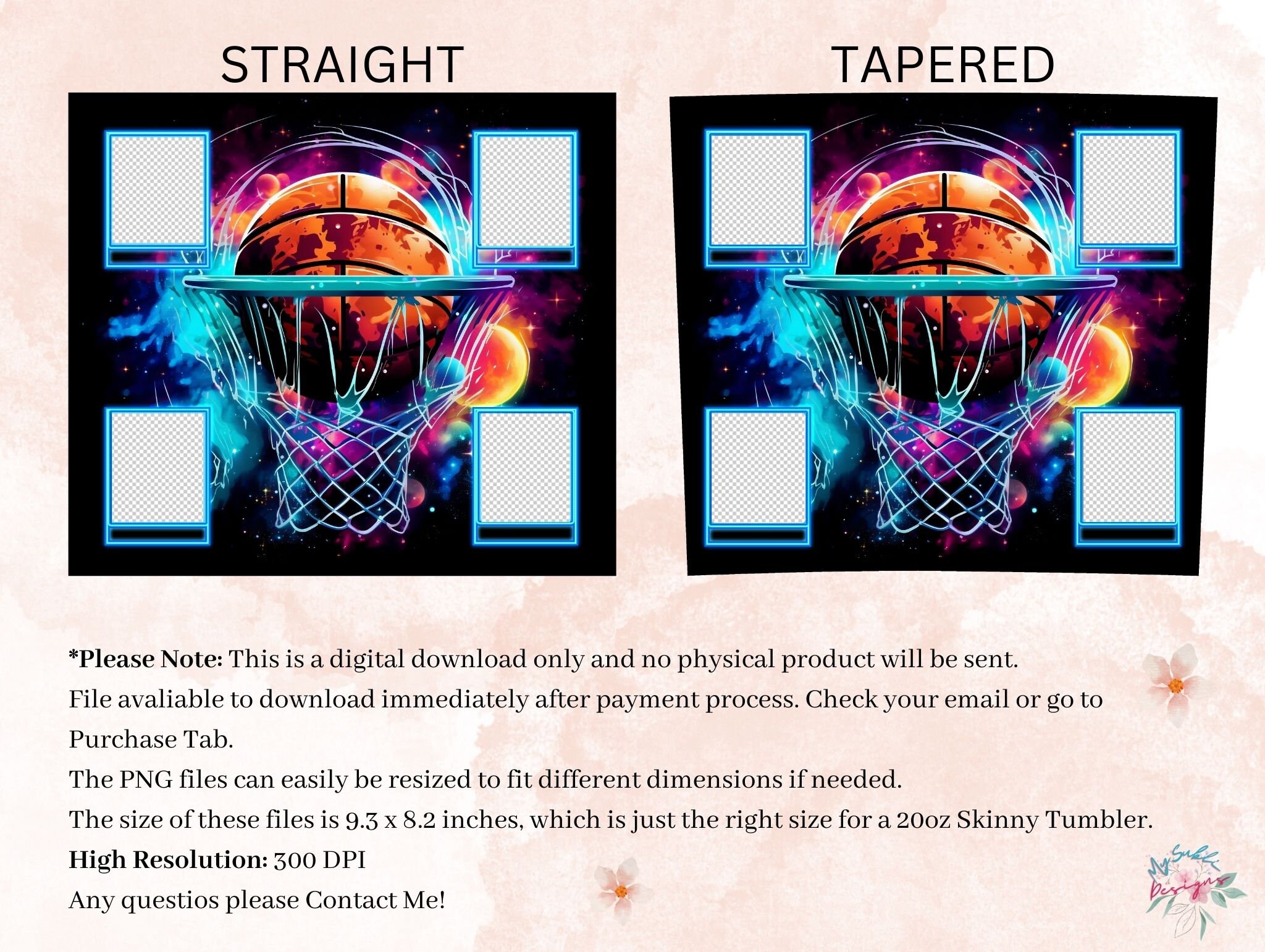 Neon Basketball Photo Frame Tumbler Wrap 20oz Skinny, Picture Tumbler ...