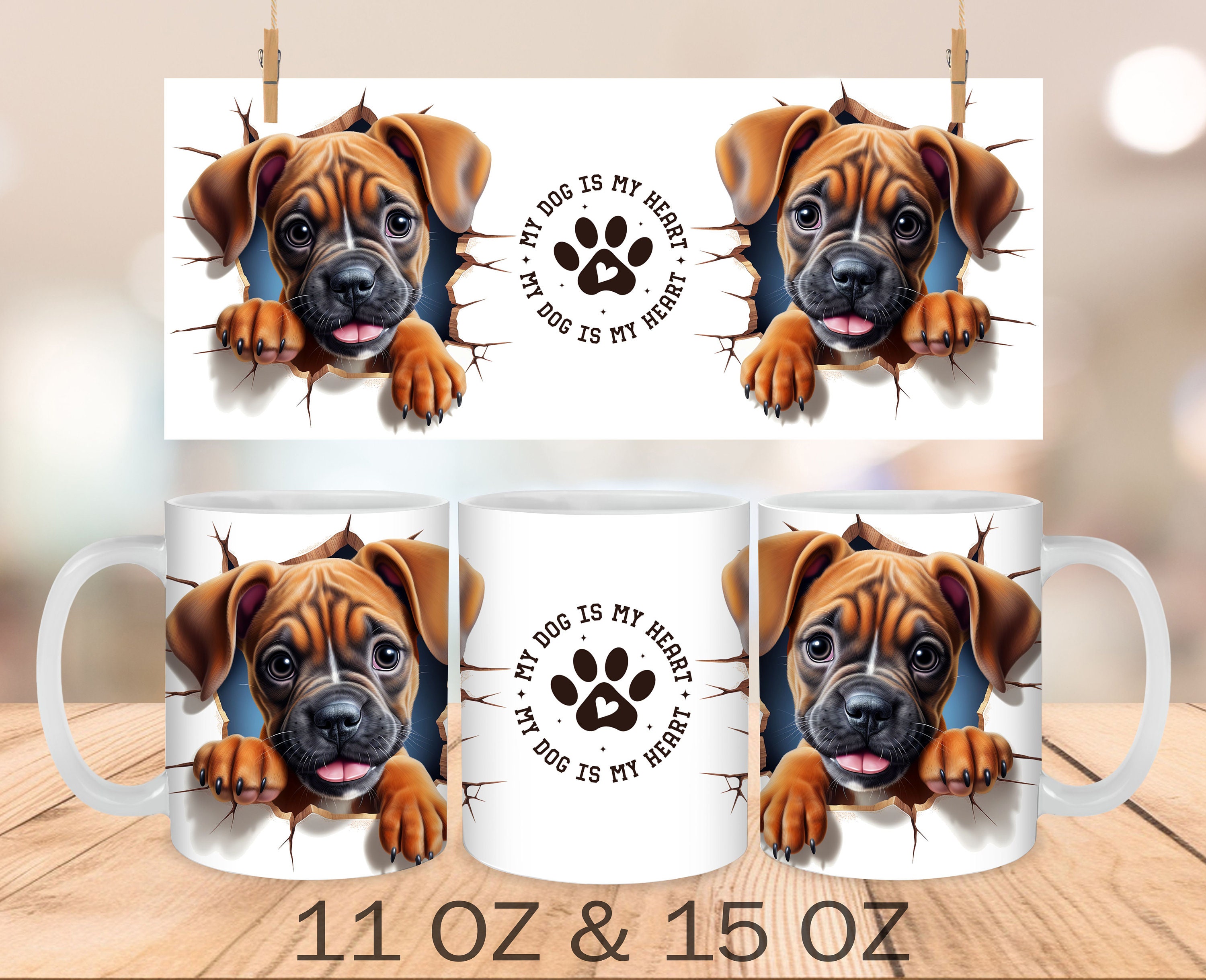3D Puppy Boxer Mug Wrap 11 Oz and 15 Oz, Dog Mugs Sublimation Designs ...