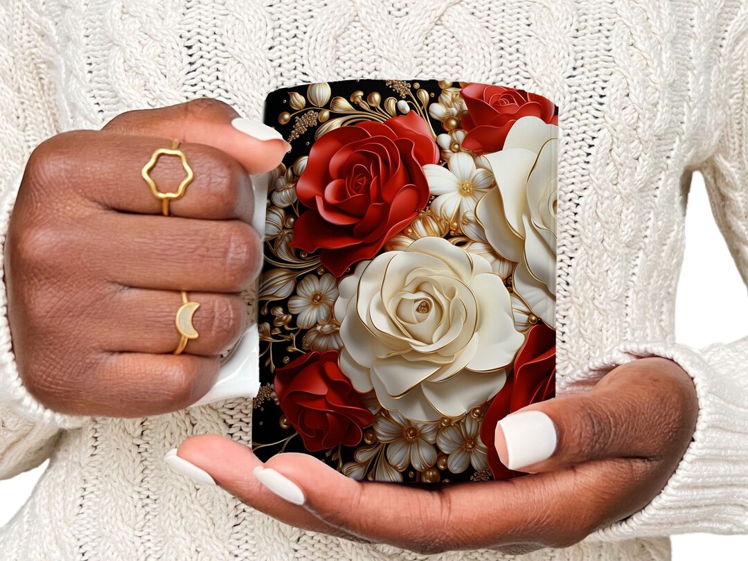 3D Red White Roses Mug Wrap 11oz and 15oz, Roses Gold Details,flowers ...