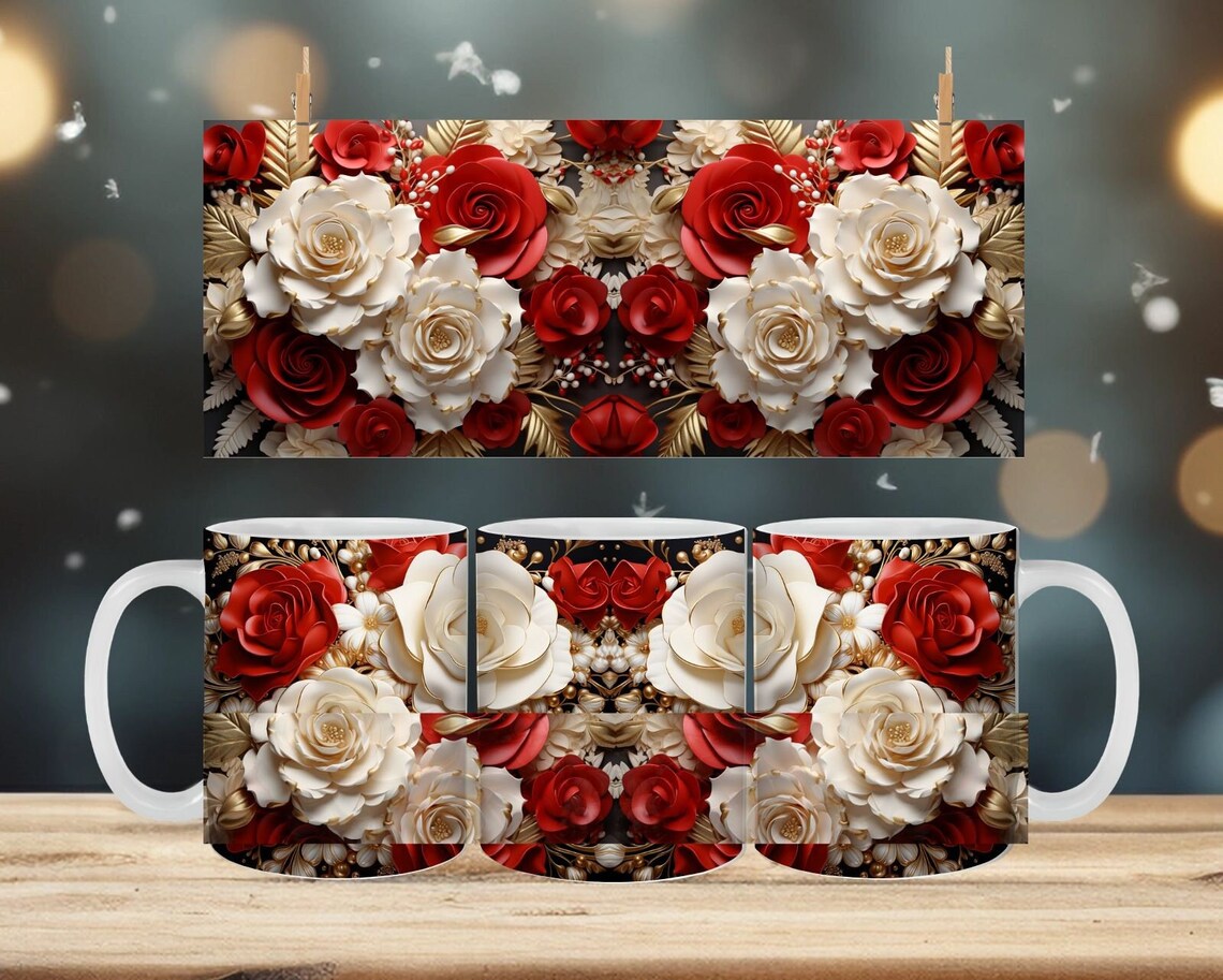 3D Red White Roses Mug Wrap 11oz and 15oz, Gold Details, Flowers Coffee ...