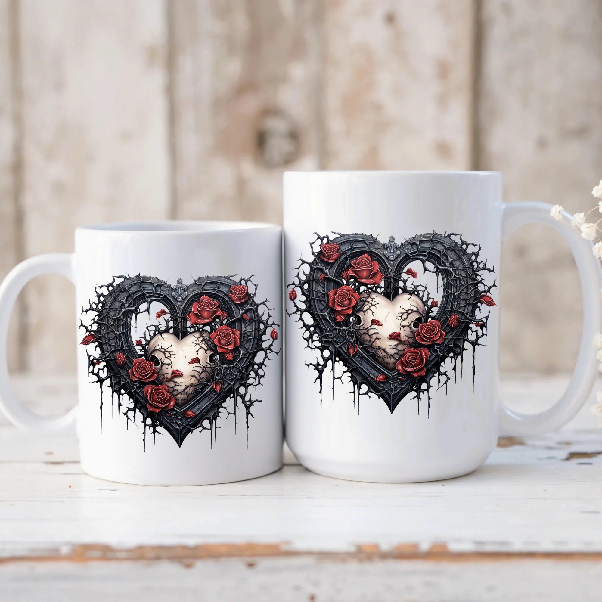 3D Black Heart Red Roses Mug Wrap, Gothic Mugs, Valentine Coffee Mug ...