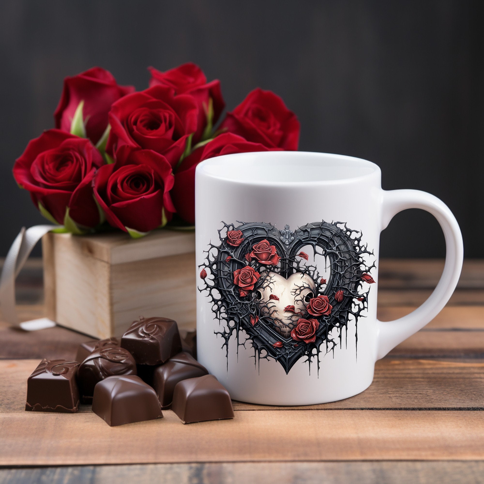 3D Black Heart Red Roses Mug Wrap, Gothic Mugs, Valentine Coffee Mug ...