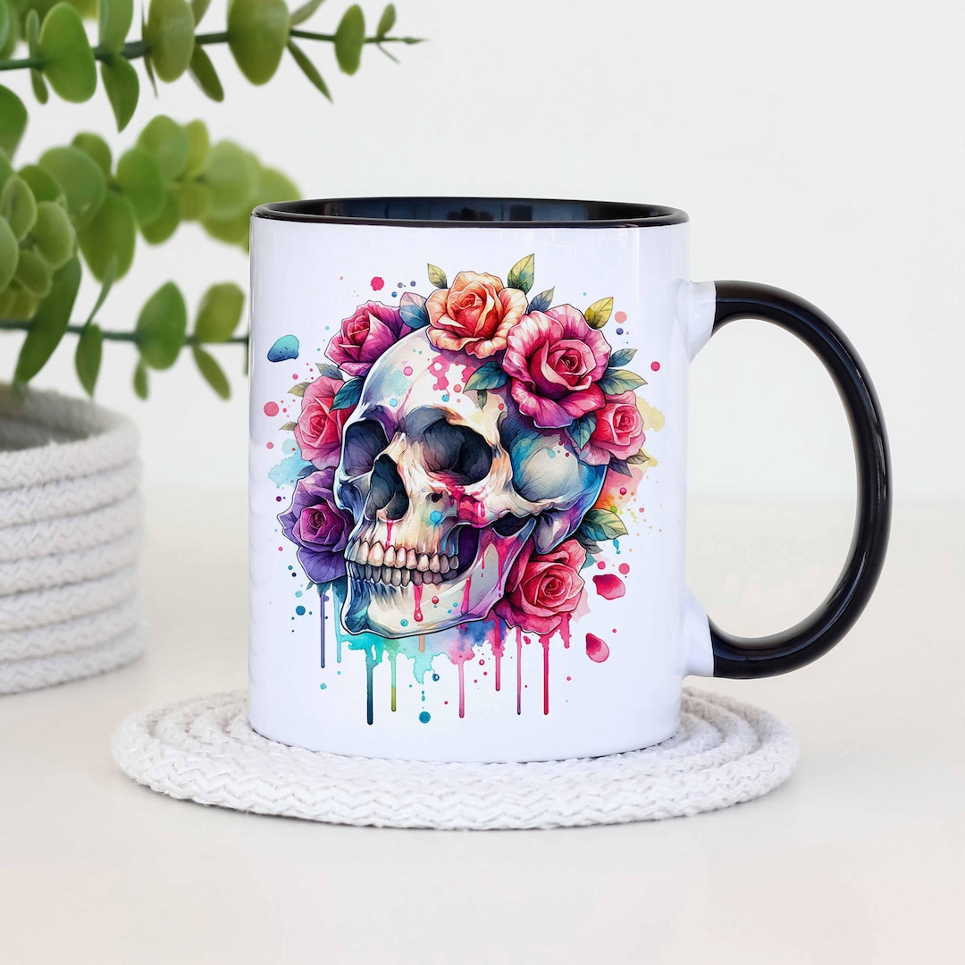 Floral Skull Mug Wrap, Skull With Roses PNG, Watercolor Floral Skull ...