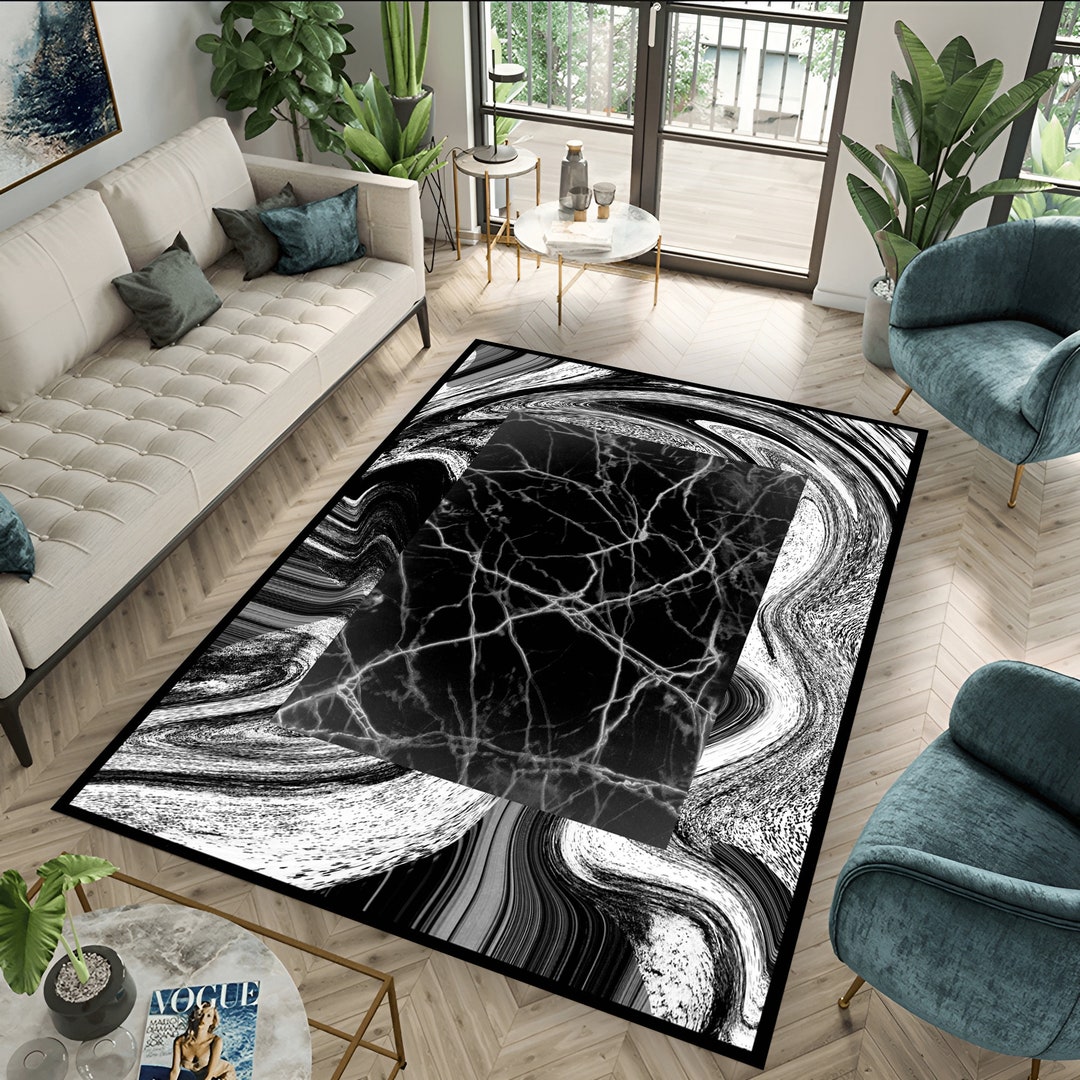 Black Marble Patterned Rug Living Room Rug Marble Rug - Etsy