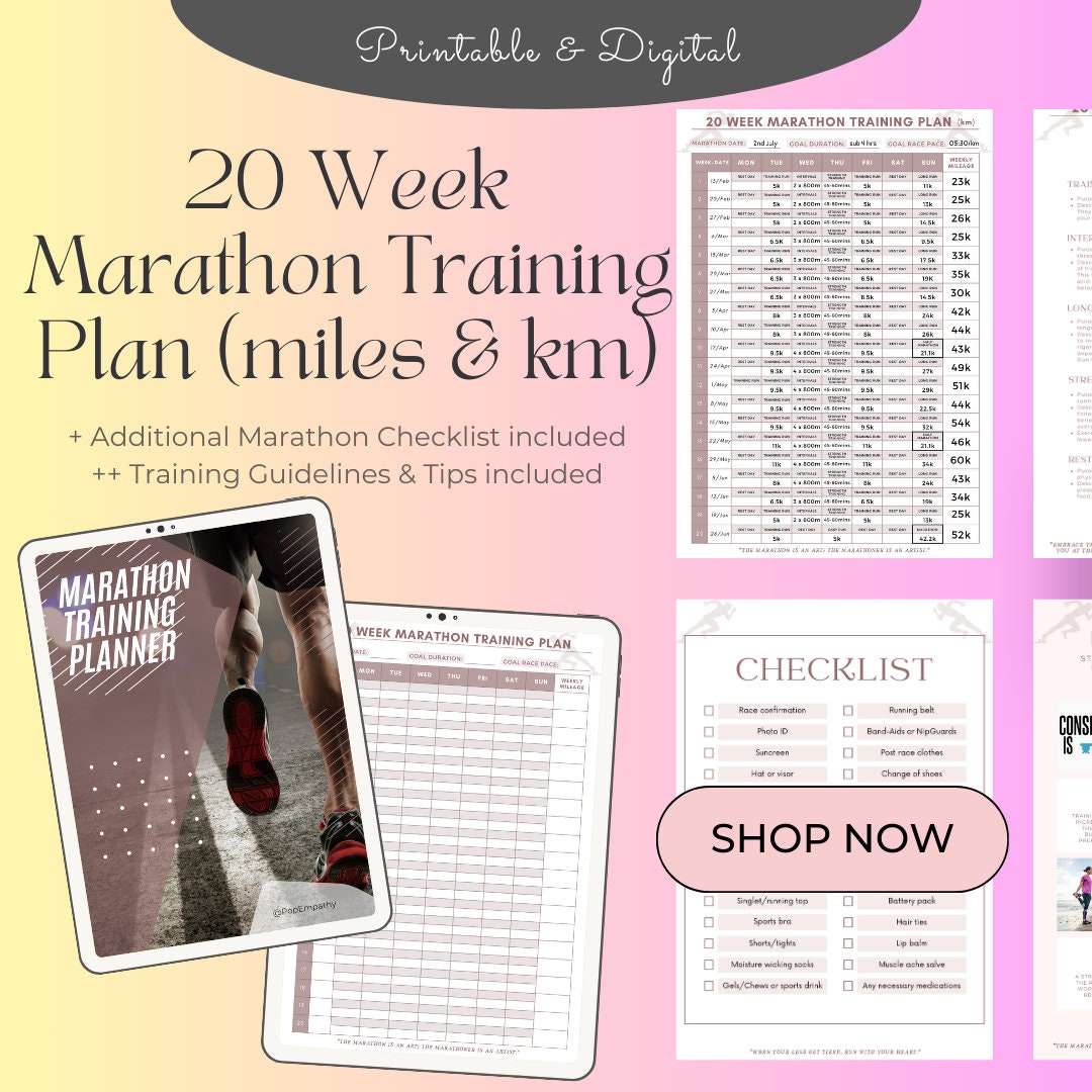Marathon Training Plan 20 Week Printable & Digital | Bonus Running Checklist | Bonus Running ...