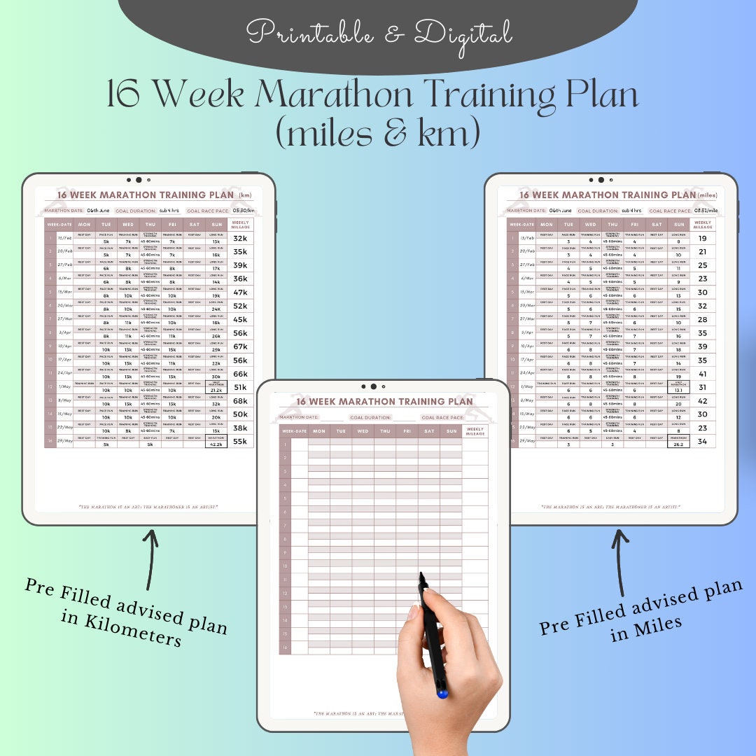 Marathon Training Plan 16 Week Printable & Digital Bonus Running ...