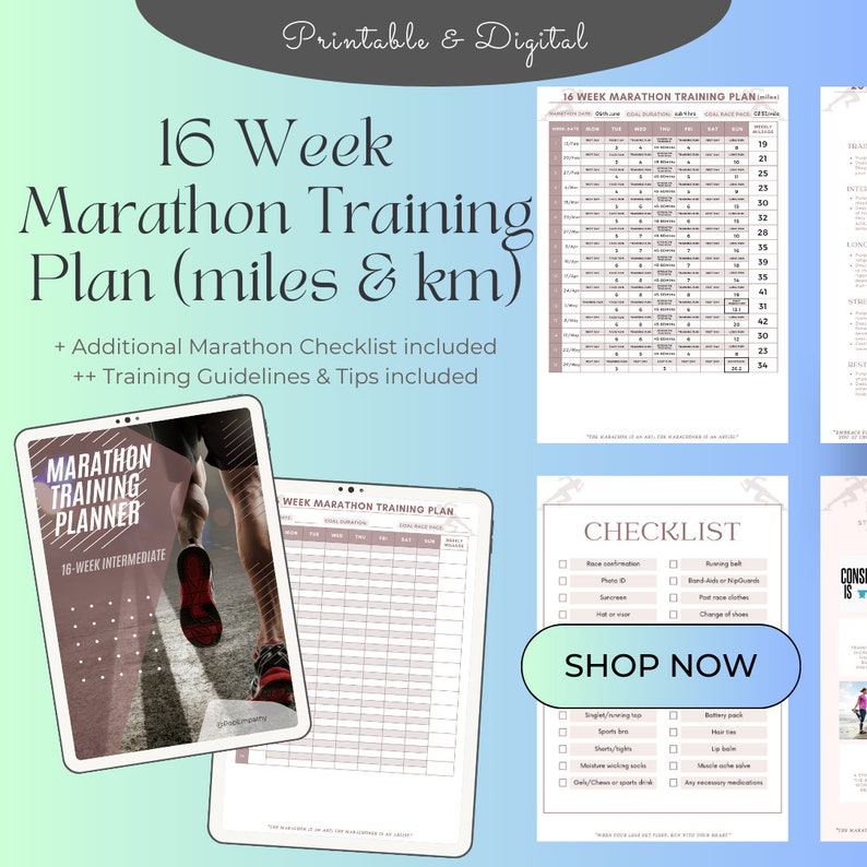 Marathon Training Plan 16 Week Printable & Digital Bonus Running ...