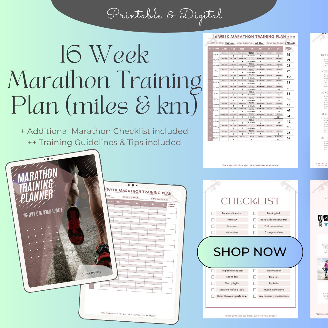 Marathon Training Plan 16 Week Printable & Digital Bonus Running ...