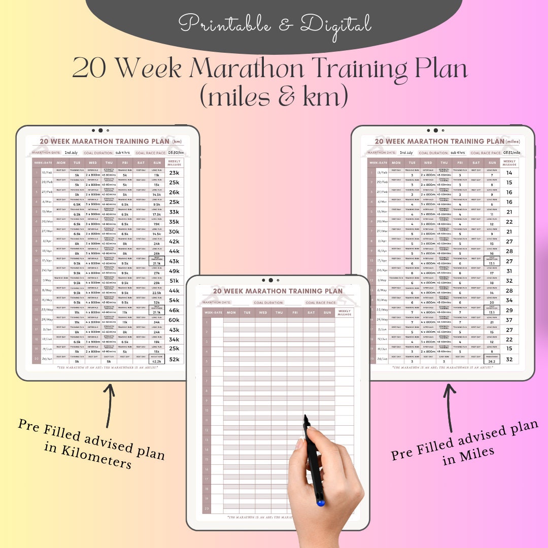 Marathon Training Plan 20 Week Printable & Digital | Bonus Running ...