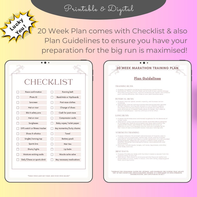 Marathon Training Plan 20 Week Printable & Digital | Bonus Running ...