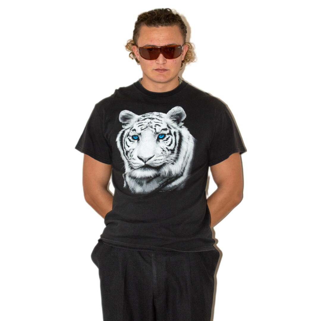 2000s Y2K Vintage White Tiger Graphic Tshirt - Crew Neck Black Oversize ...