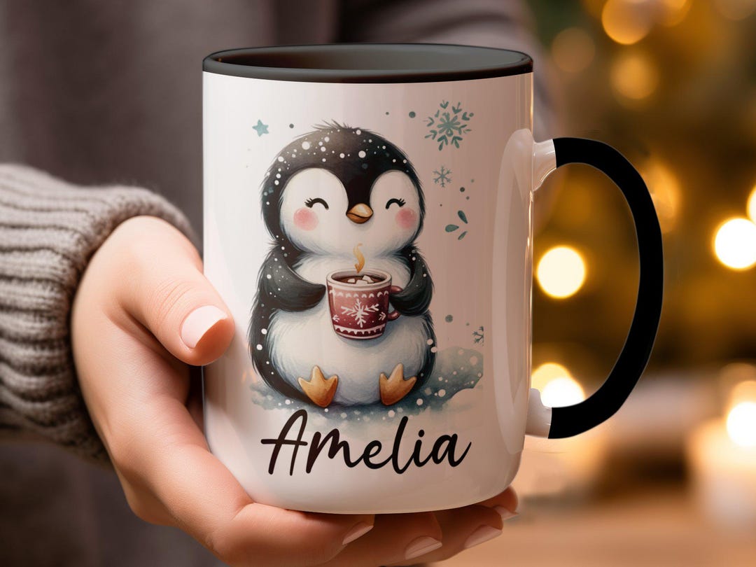 Penguin Mug, Custom Name Coffee Mug, Penguin Gift, Penguin Art, Cute ...