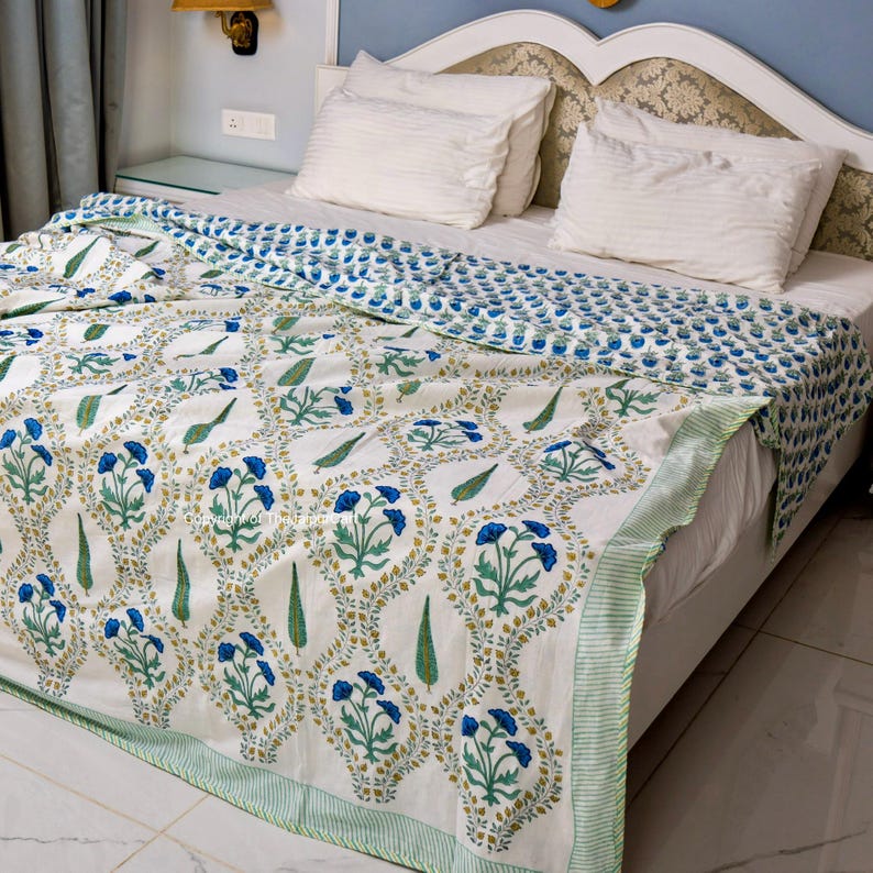 Indian Hand Block Printed Dohar Jaipuri, Printed Reversible Cotton ...