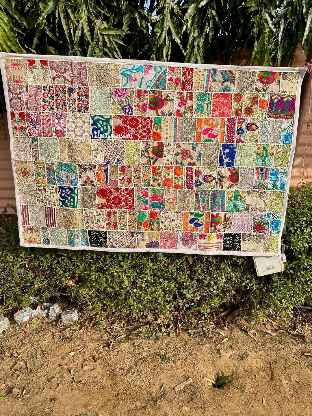 Indian Heavy Embroidered Wall Hanging Vintage Sari Zari Work Tapestry ...