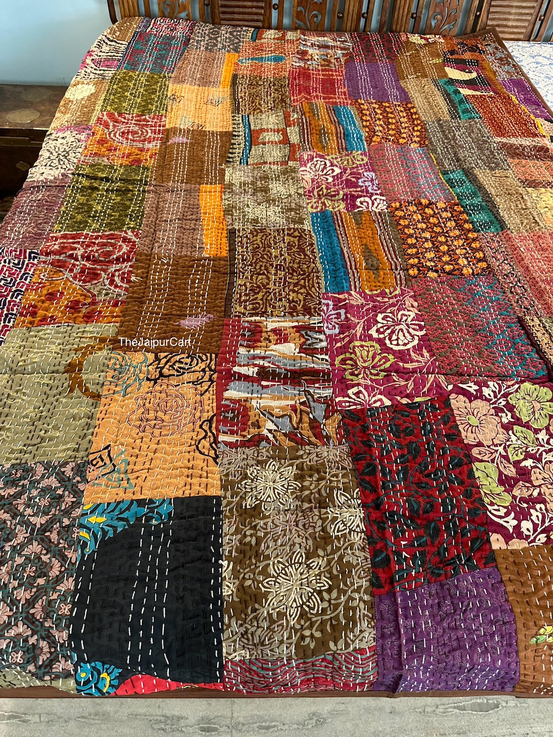 Bohemian Patchwork Kantha Quilt: Handmade Vintage Bedding - Etsy