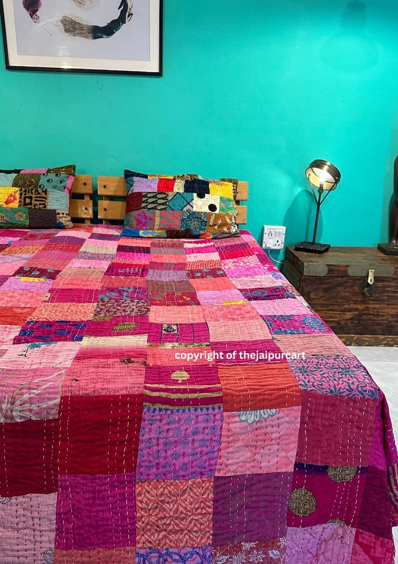 Sofa Cover, Couch Blanket Throw Kantha Quilt Decorative Vintage Silk ...