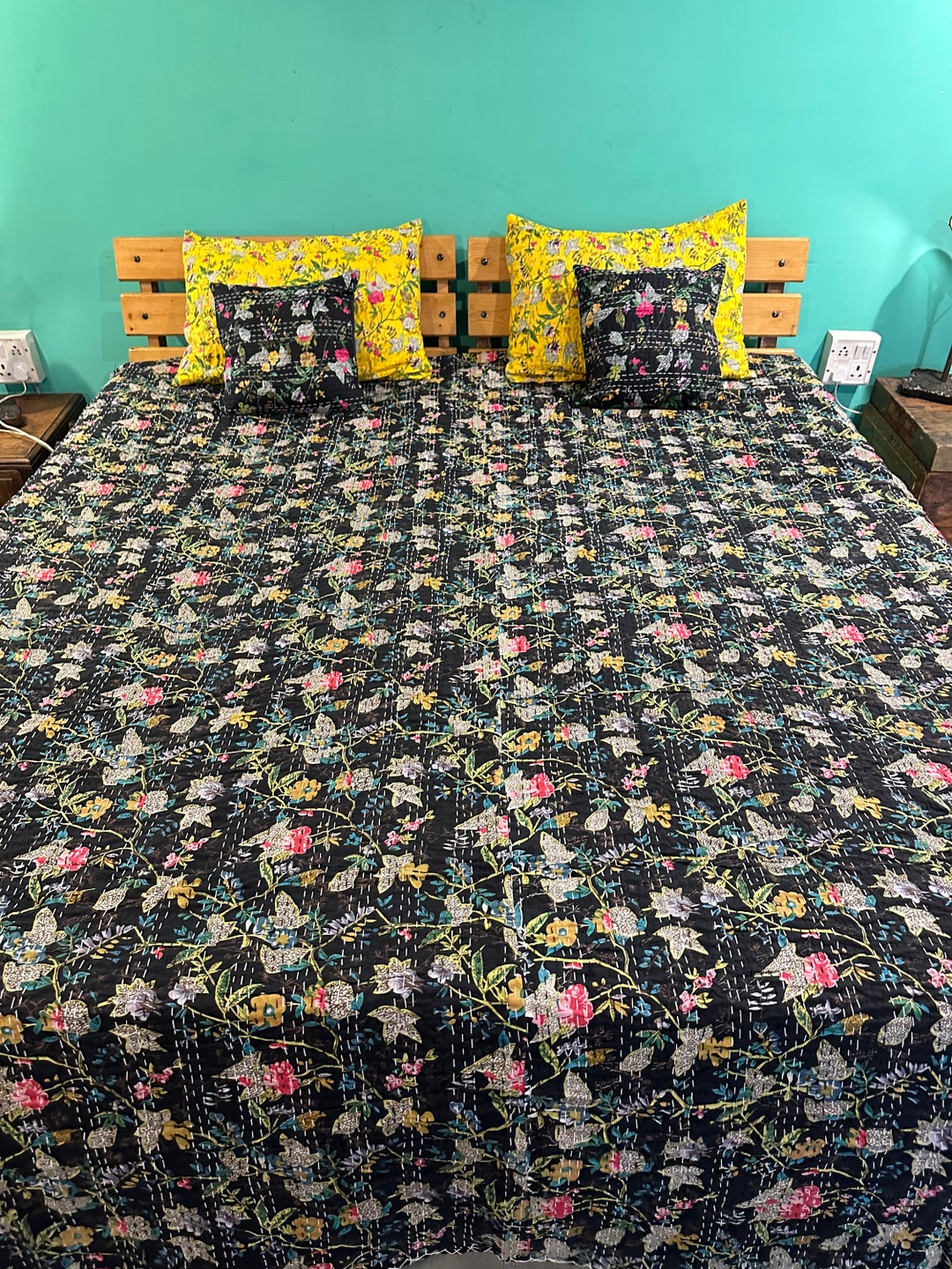 Indian Reversible Quilt Cotton Kantha Quilt Handmade Paradise - Etsy