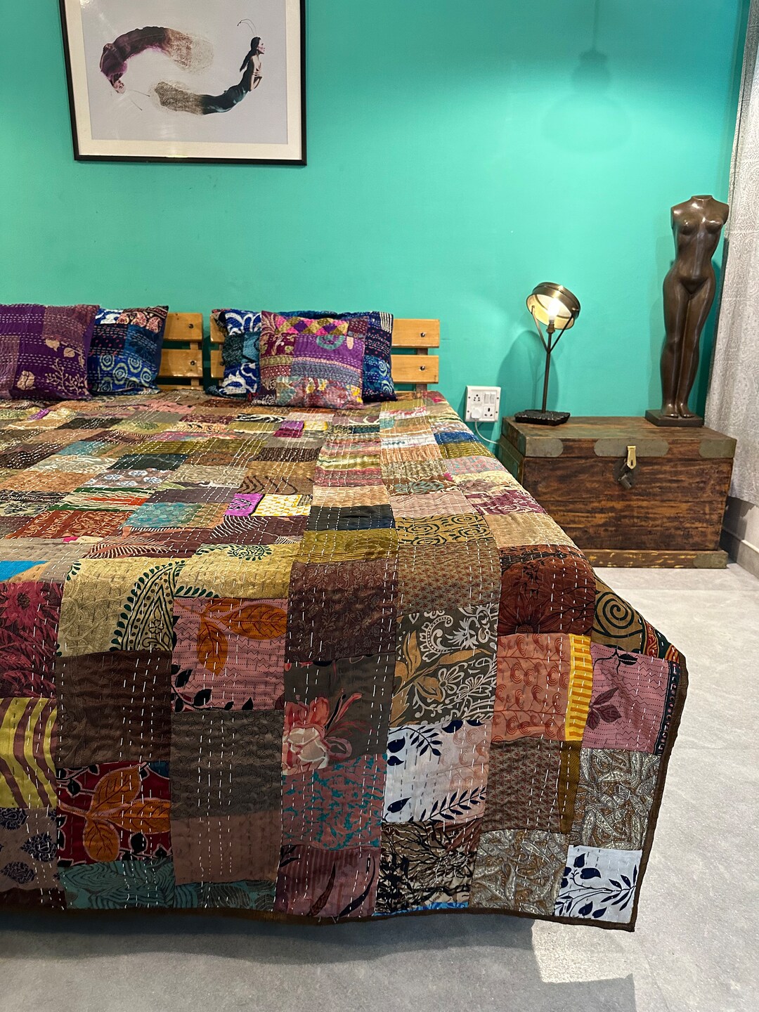 Bohemian Patchwork Quilt Kantha Quilt Handmade Vintage Quilts Boho King ...