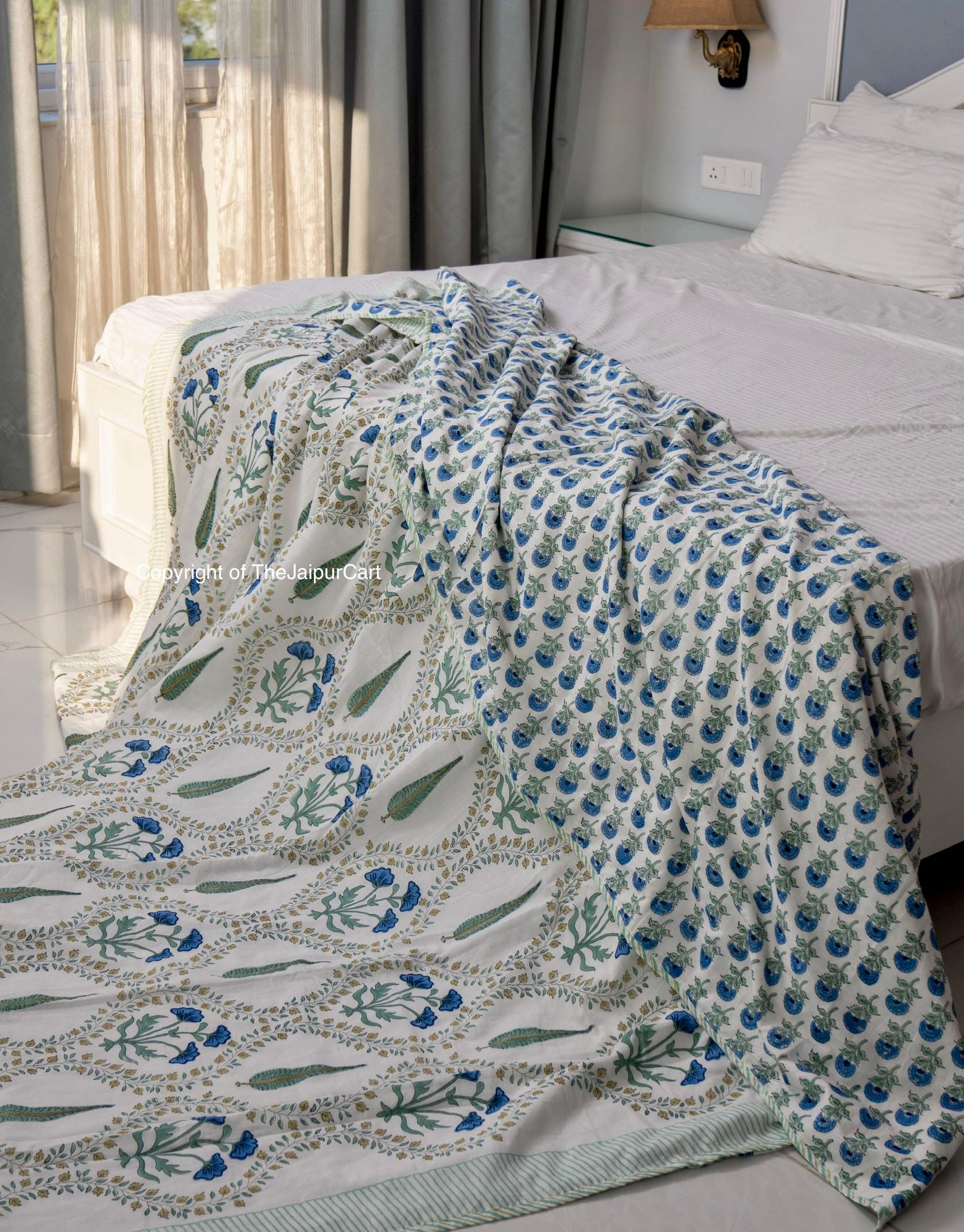 Indian Hand Block Printed Dohar Jaipuri, Printed Reversible Cotton ...