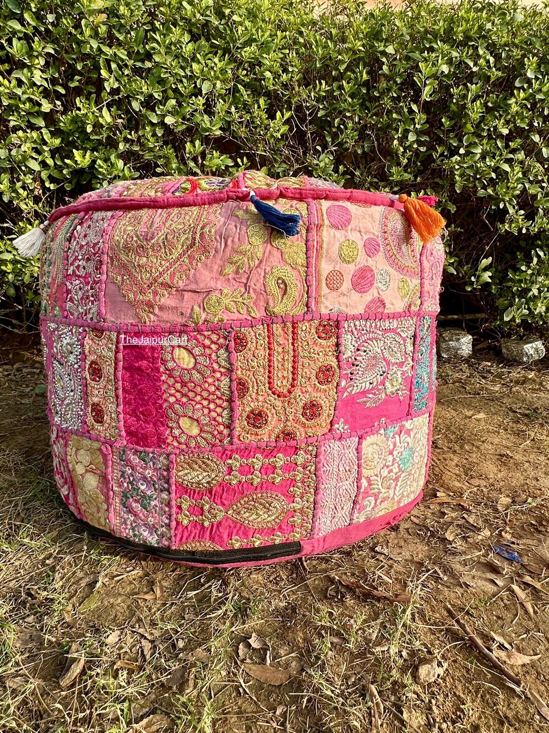 Pink Bohemian Pouf Ottoman Ethnic Footstool Indian Embroidered Pouffe ...