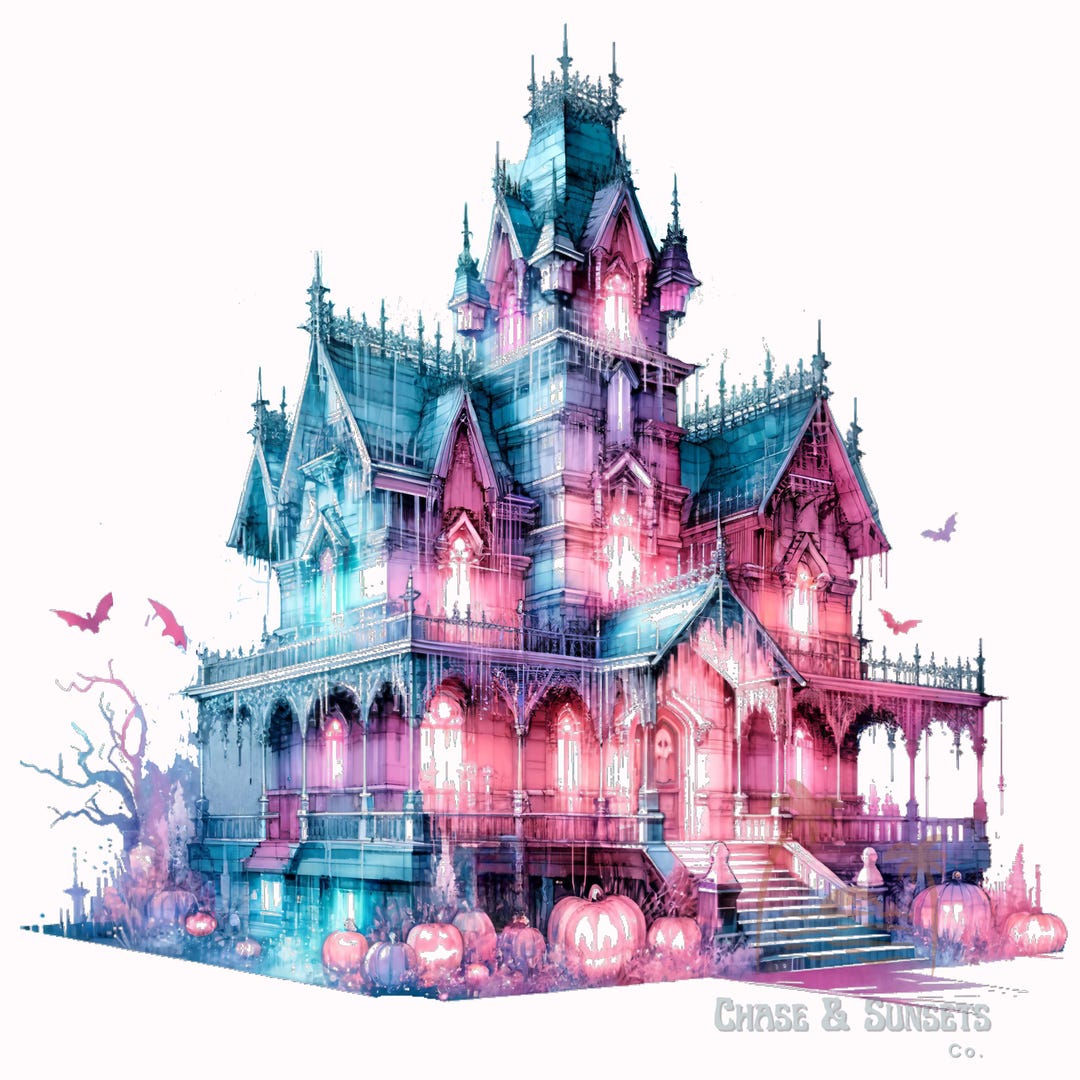 Neon Haunted House PNG, Pastel Gothic Halloween Sublimation Design ...