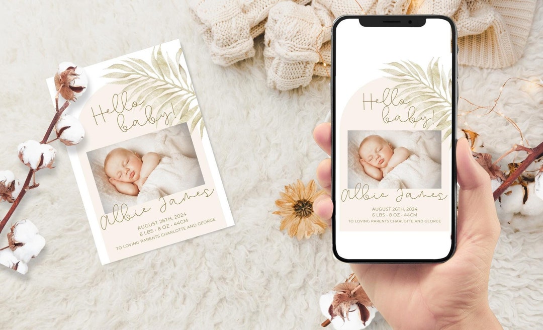 Editable Natural Leaf Birth Announcement Instant Download - Etsy