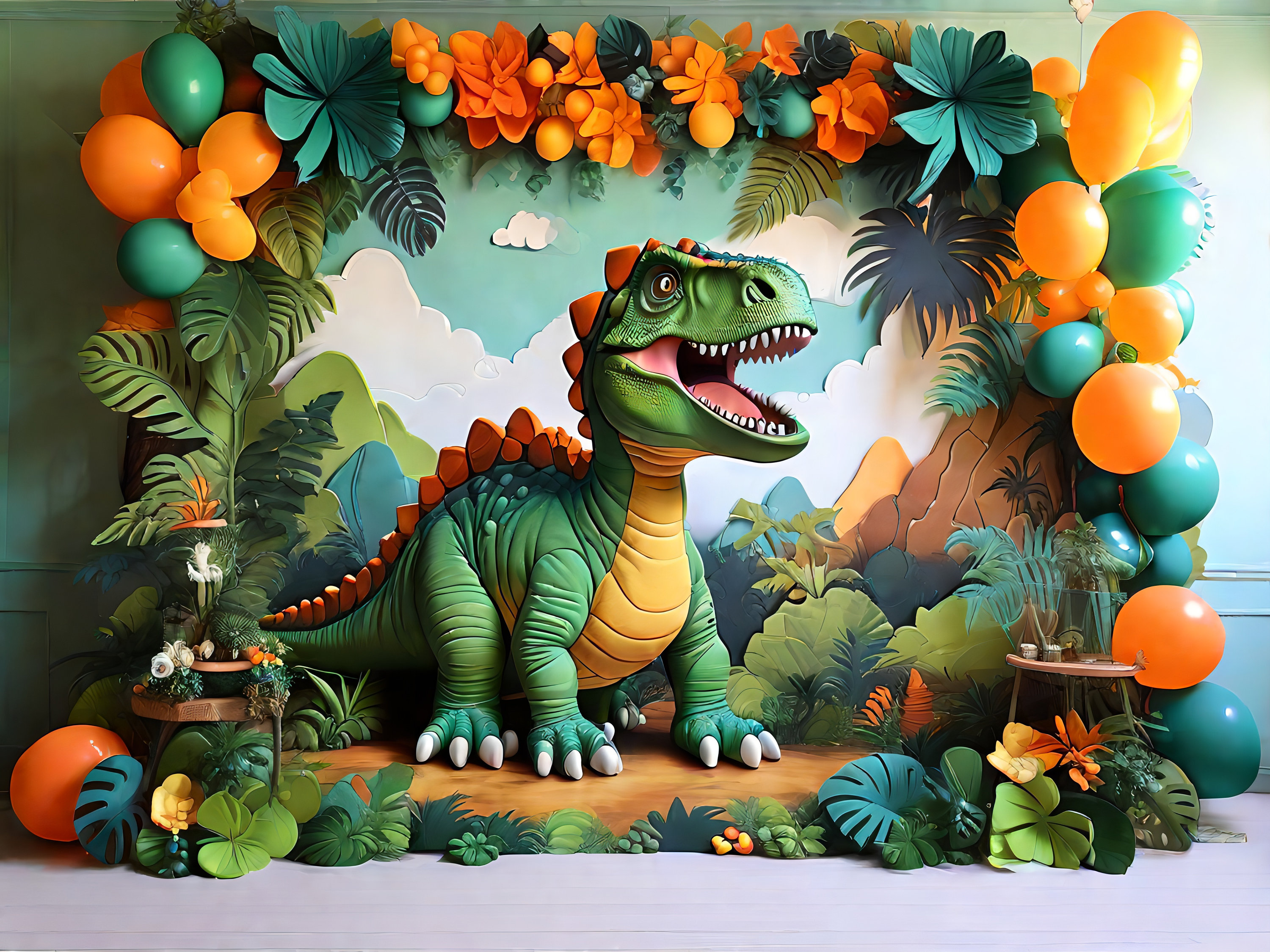 Birthday Backdrop for Kids Dino Party. Balloon Arch Dinosaur. Printable ...