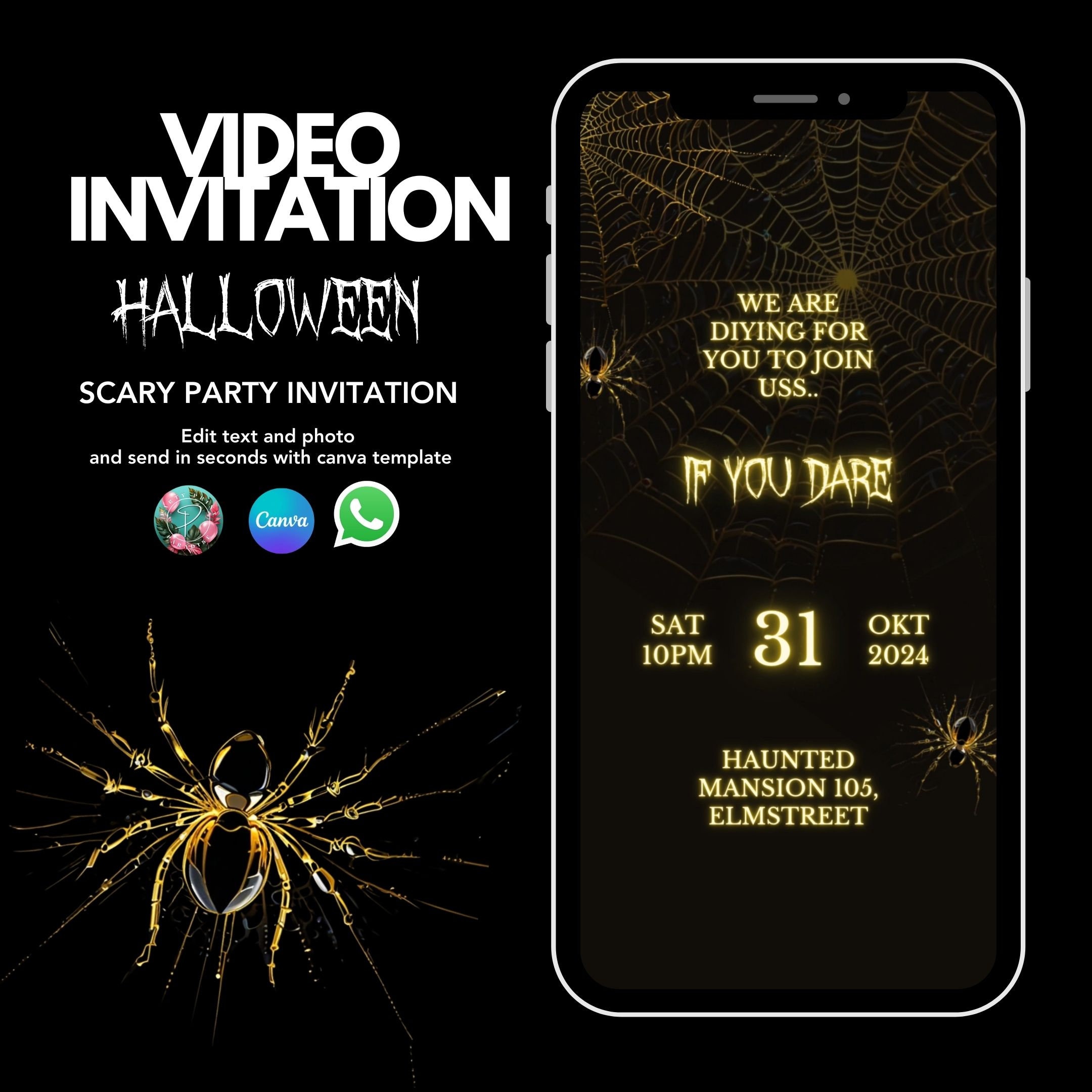Video Invitation Halloween Scary Gold Spider Theme Party Screams and ...