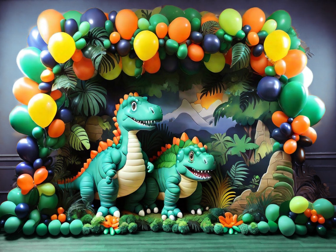 Birthday Backdrop for Kids Dino Party. Balloon Arch Dinosaur. Printable ...