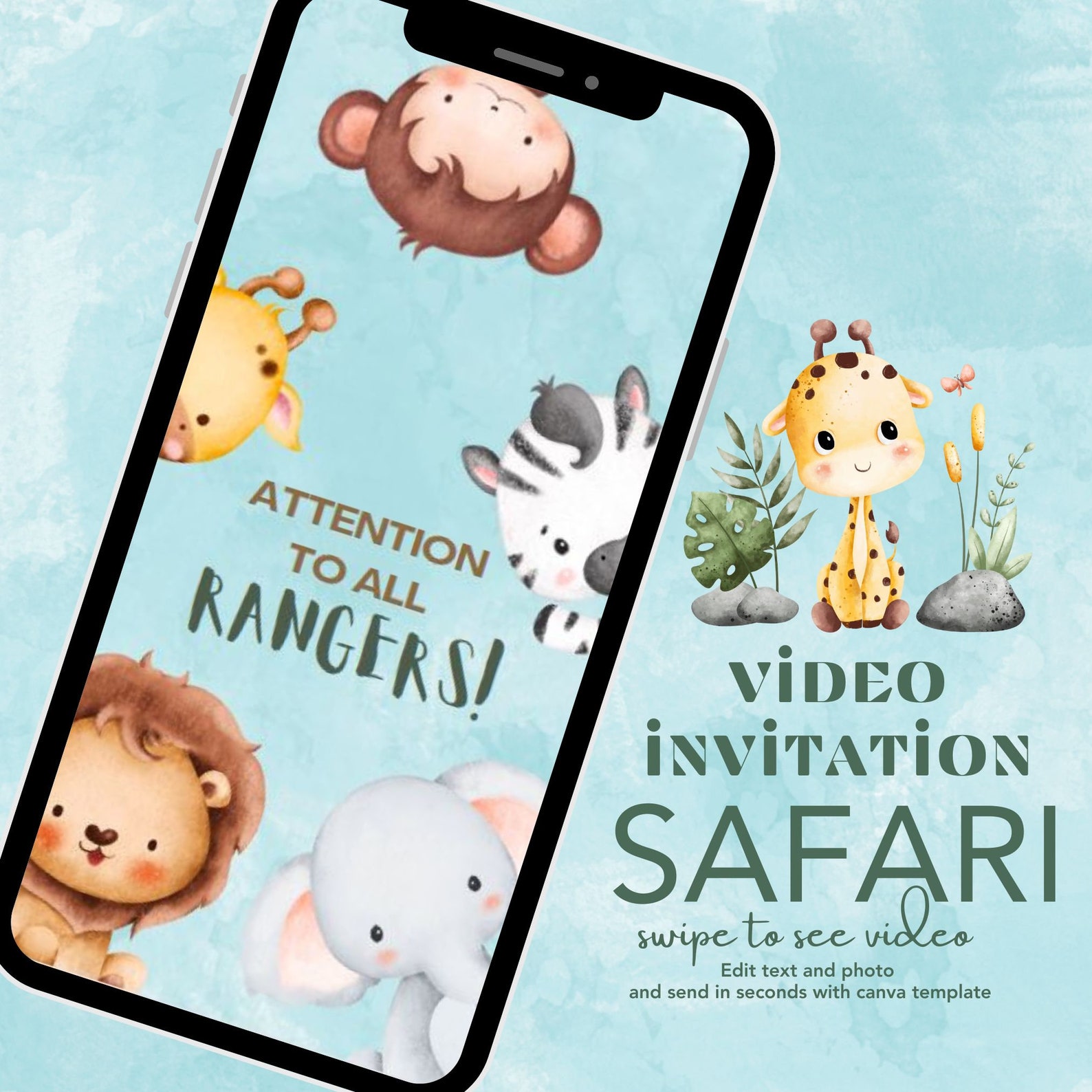 Safari Video Invitation for Kids Birthday Canva Template Animated ...
