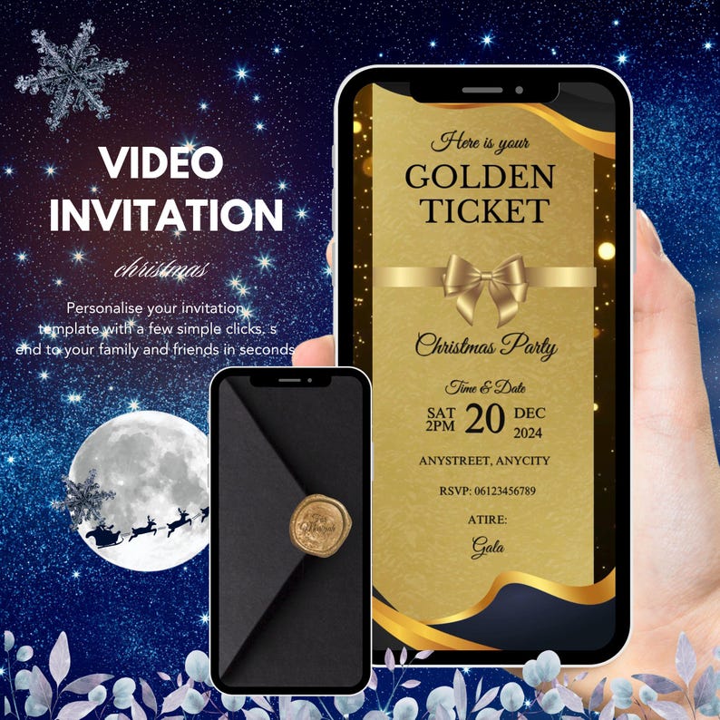 Golden Ticket Invitation Video for Xmas Party Template Digital Invitation Personalise Christmas ...