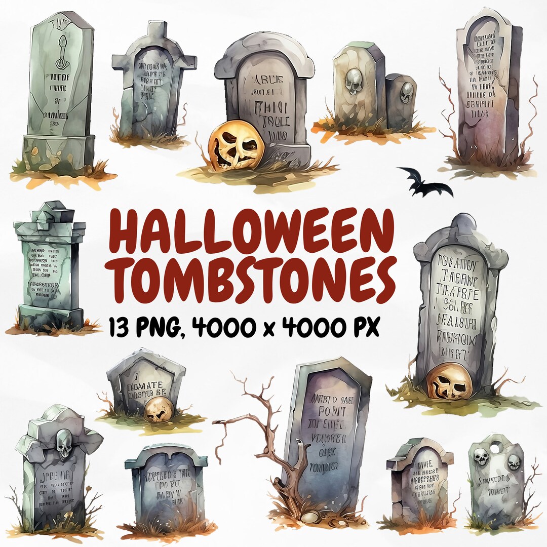 Watercolor Halloween Tombstones Clipart, Spooky Gravestones ...