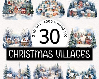 Quaint Watercolor Christmas Houses Digital Backgrounds - Etsy