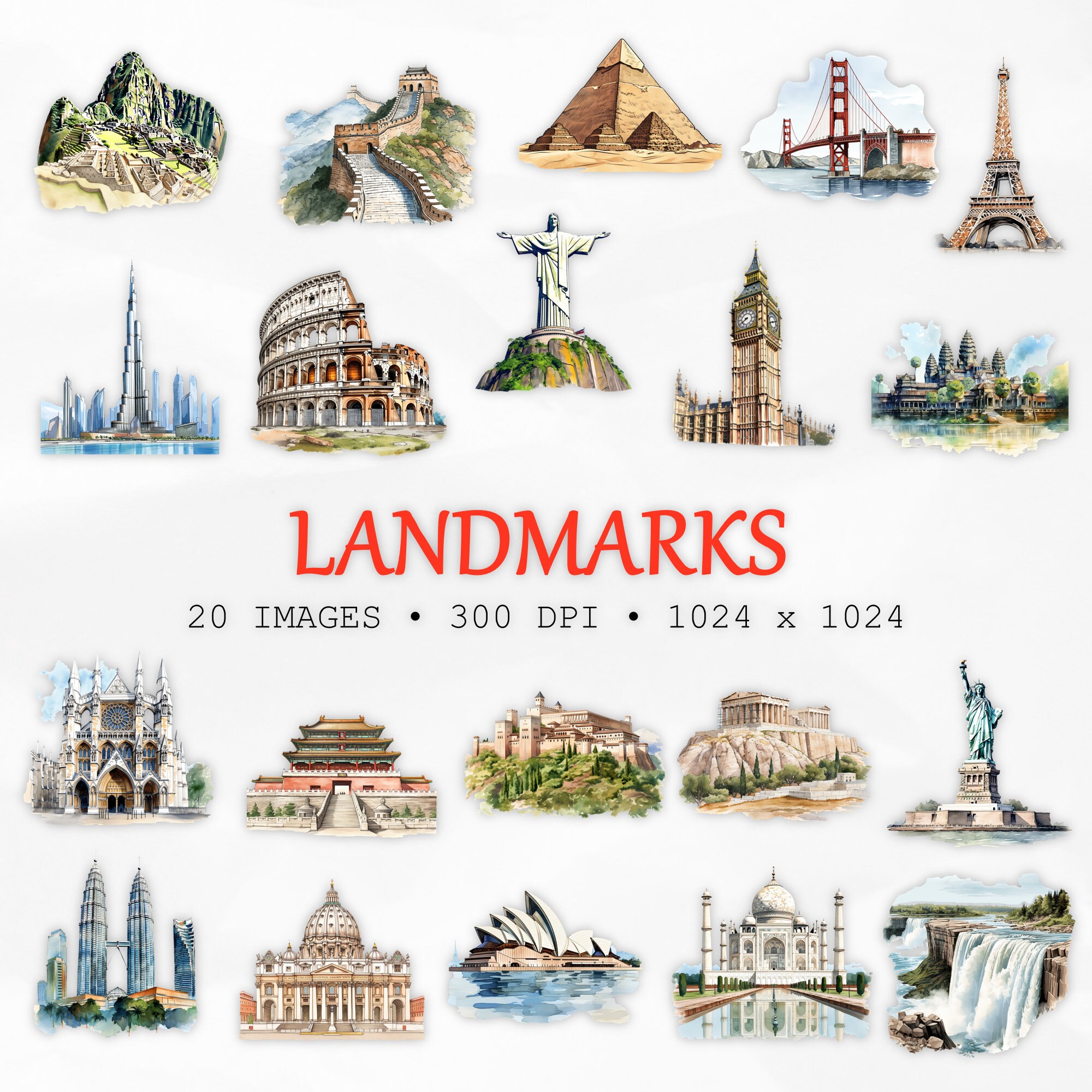 20 Watercolor Famous Landmarks Clipart Painted Famous - Etsy
