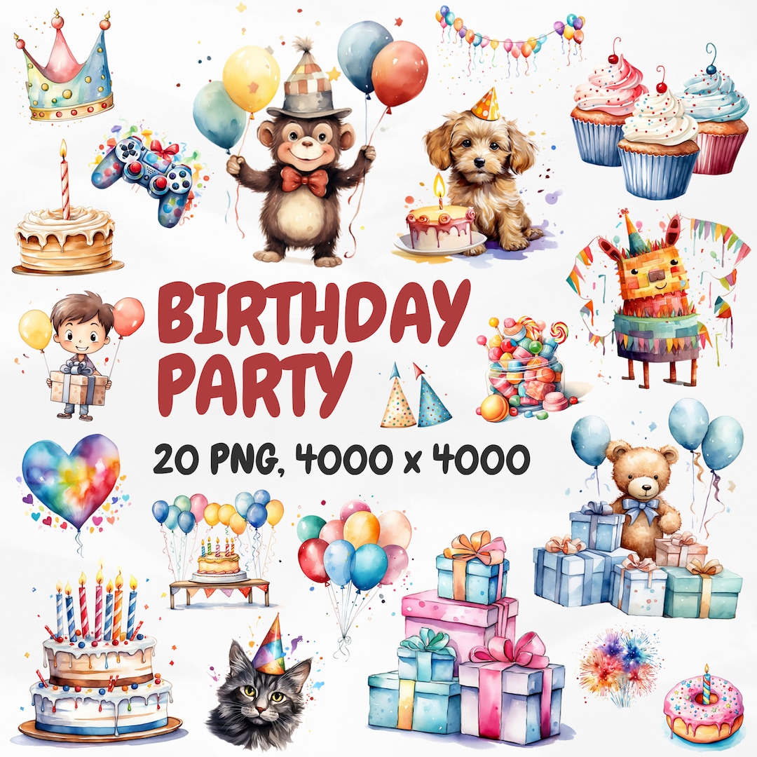Watercolor Birthday Party Clipart Happy Birthday Clipart - Etsy