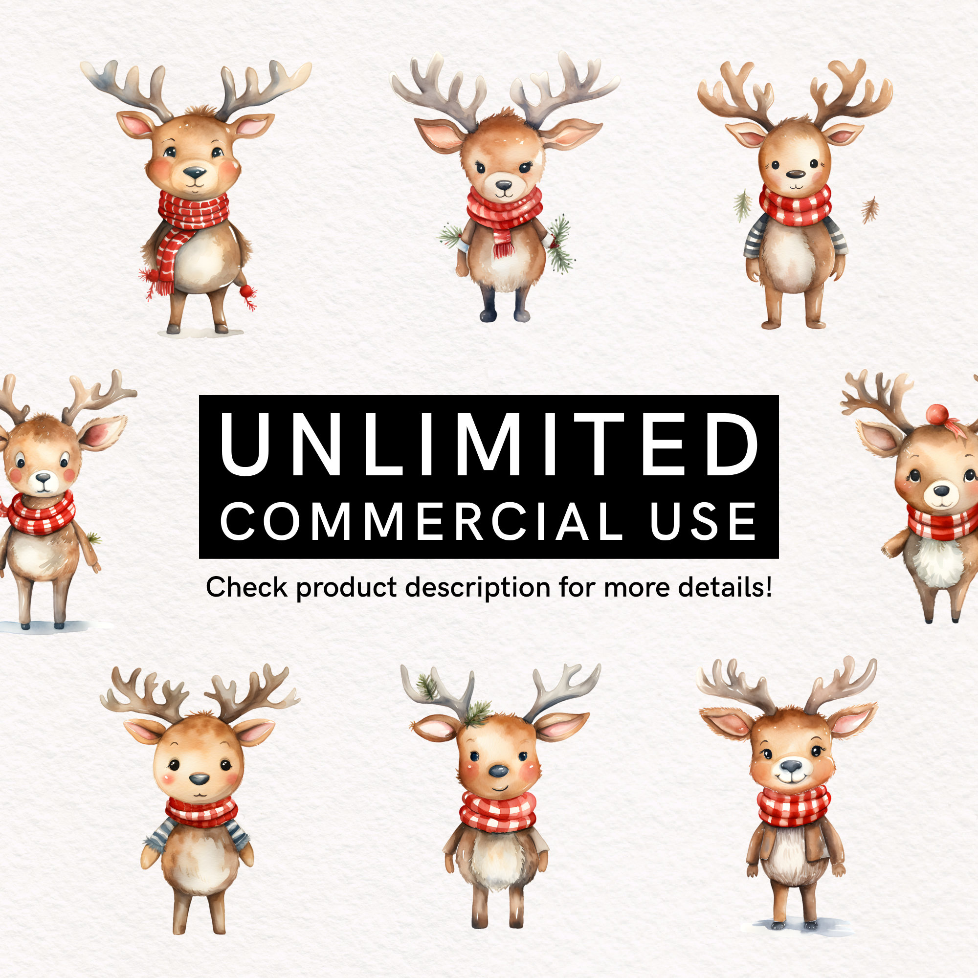 Watercolor Cute Reindeer Clipart Christmas Clipart Bundle - Etsy