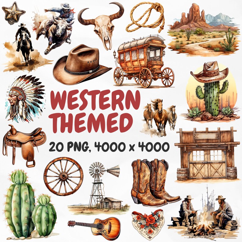 Watercolor Western Themed Clipart Wild West Clipart Western - Etsy