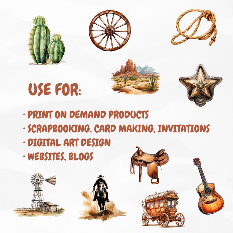 Watercolor Western Themed Clipart, Wild West Clipart, Western ...