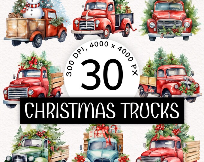 Watercolor Christmas Trucks Clipart, Christmas Clipart Bundle, Red ...