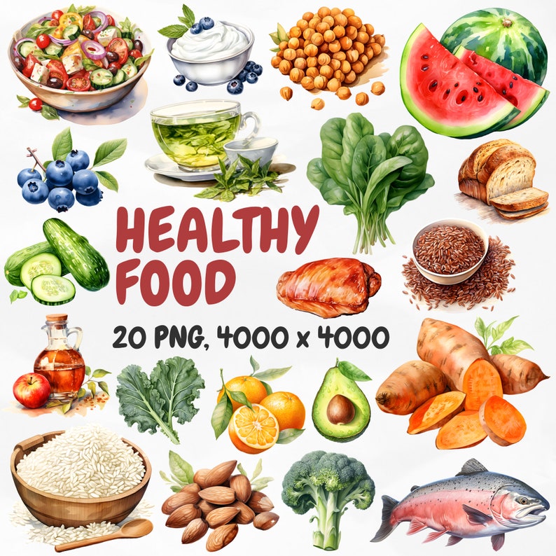 Buy Watercolor Healthy Food Clipart, Healthy Vegetable Clipart, Food ...