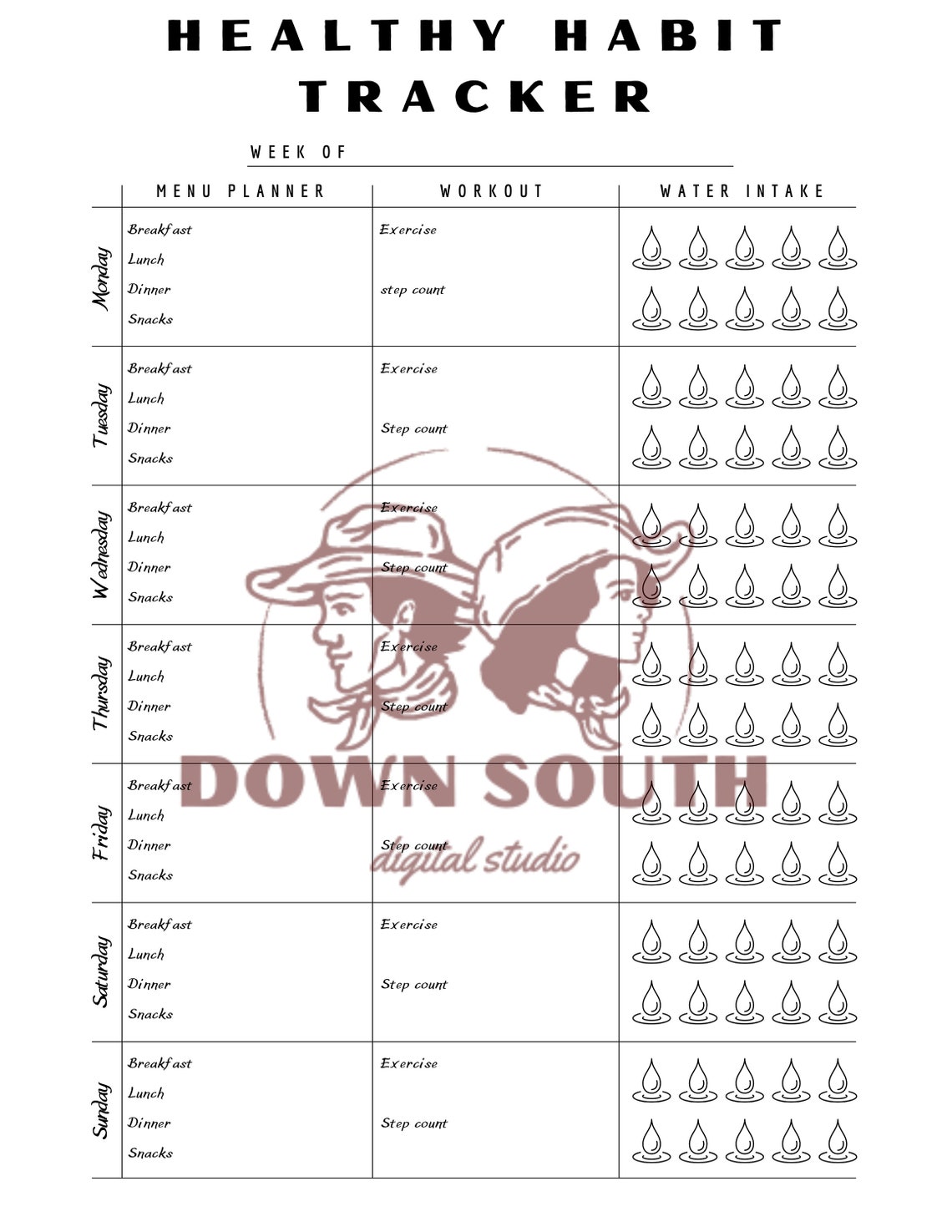 Printable Healthy Habit Tracker Weekly Menu, Planner, Workout and Water ...