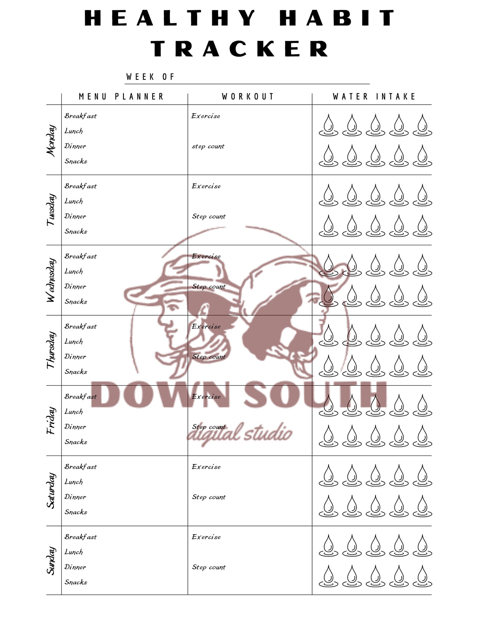 Printable Healthy Habit Tracker Weekly Menu, Planner, Workout and Water ...