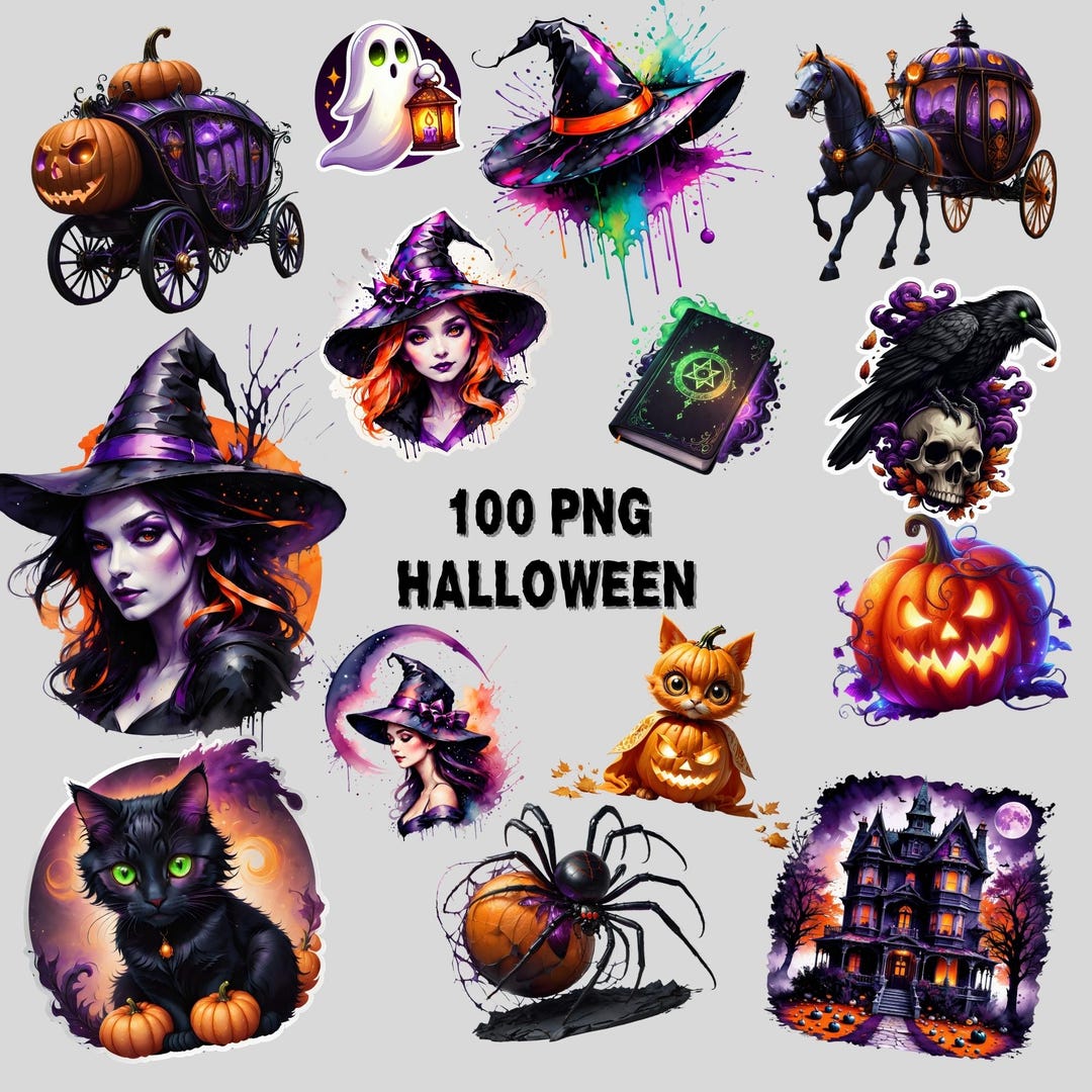 Halloween Clipart Set: 100 Witch, Ghost, Pumpkin PNG Stickers ...