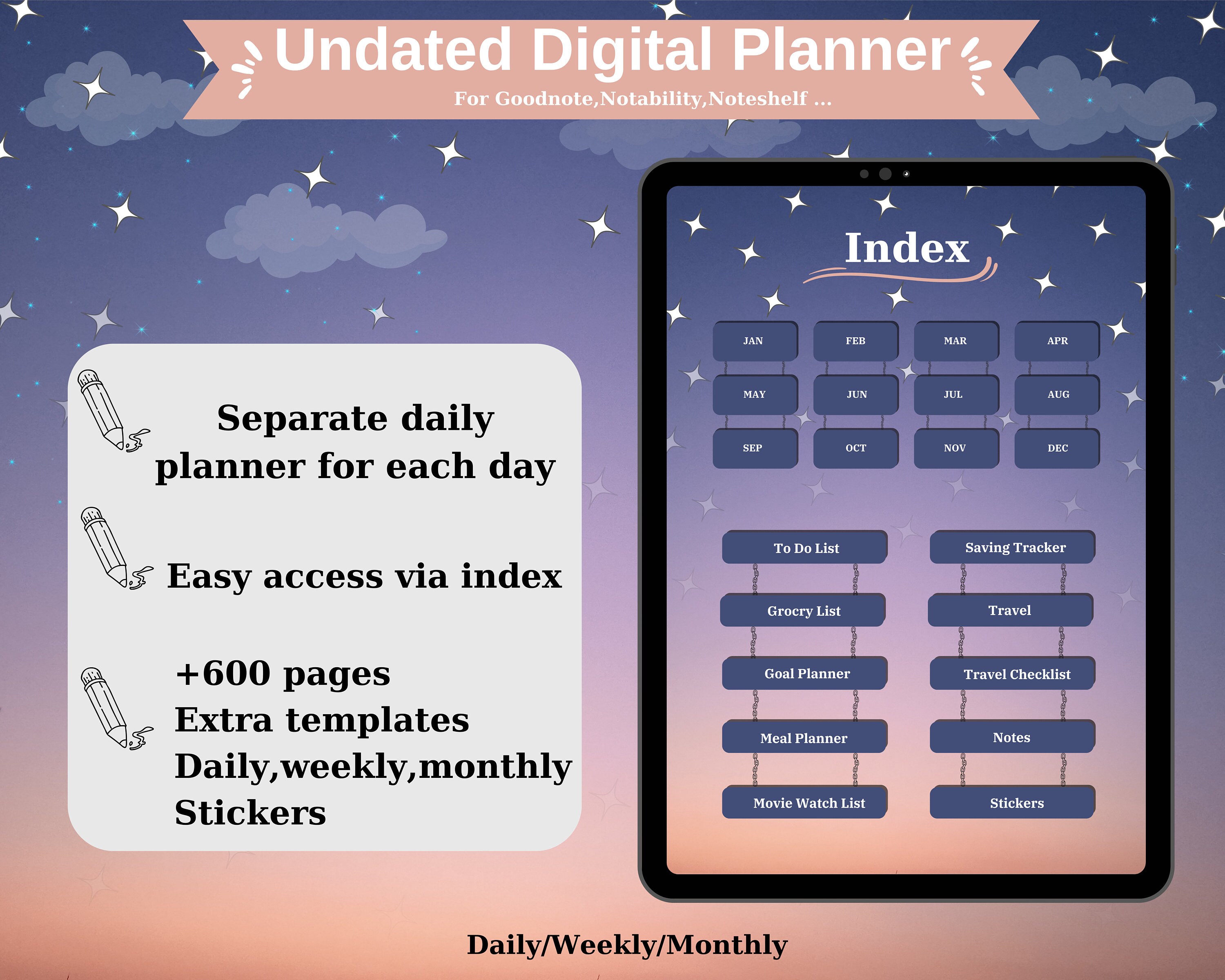 Undated Good Notes Planner, iPad Planner Pdf, Monthly Digital Planner ...